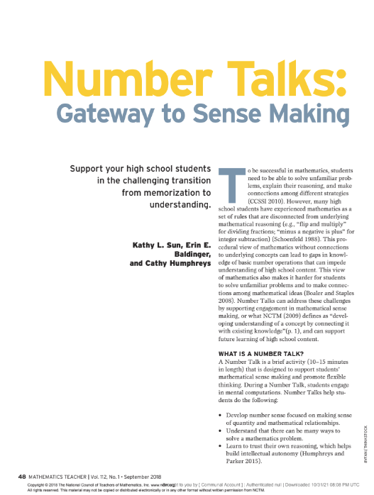 Number Talk Publications and Resources – Elementary Mathematics